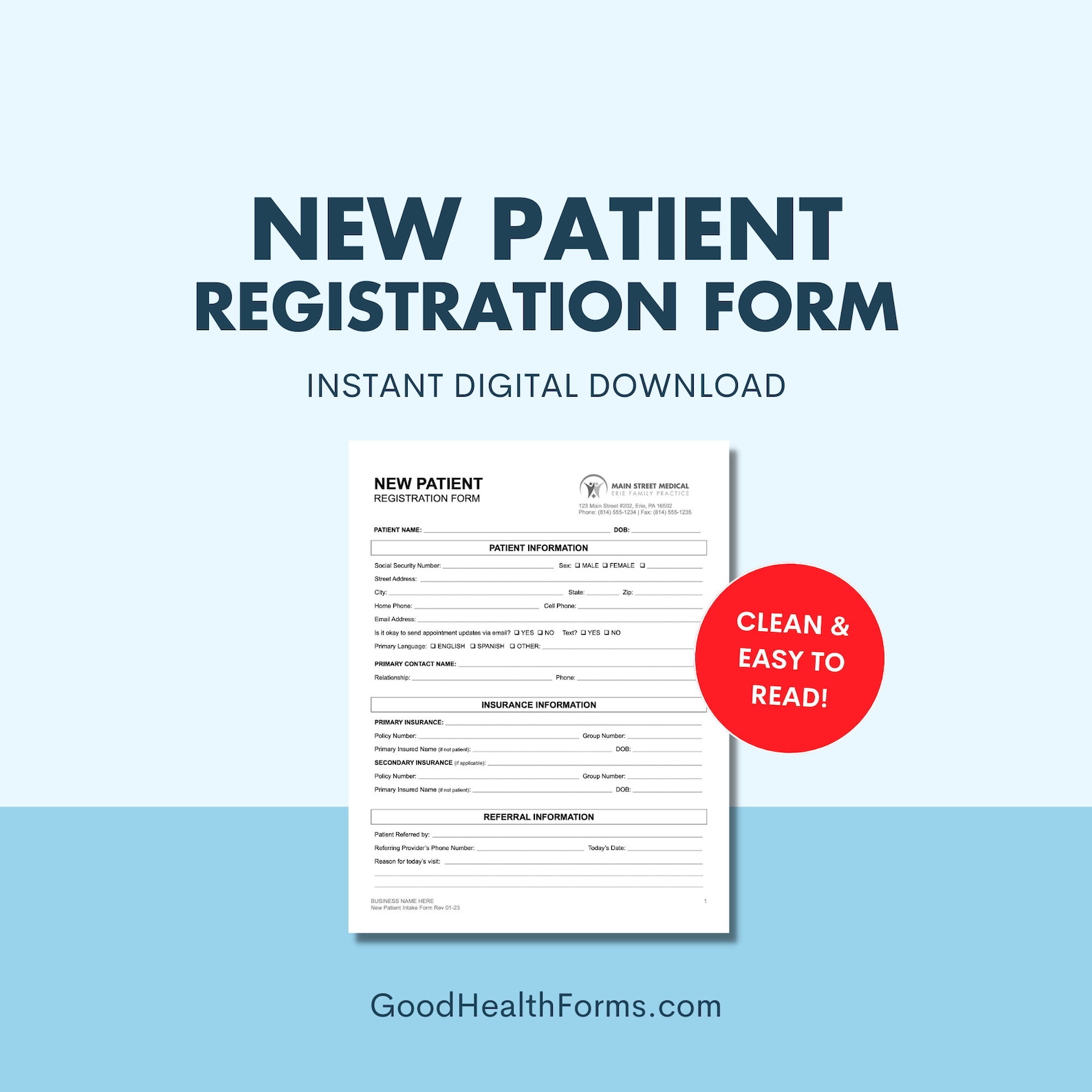 New Patient Registration Form Template for Health Care Office Printable ...