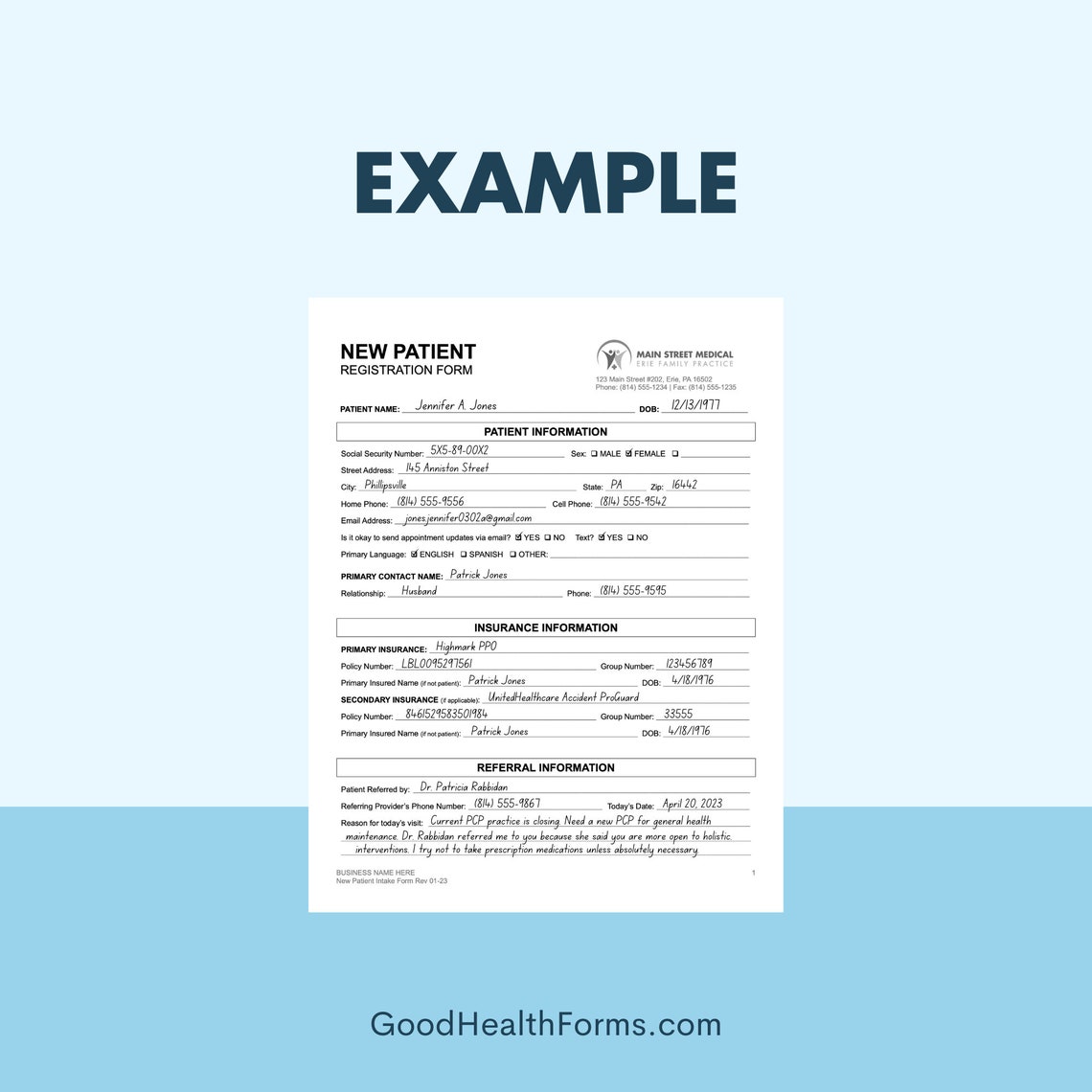 New Patient Registration Form Template for Health Care Office Printable Digital Download Office ...