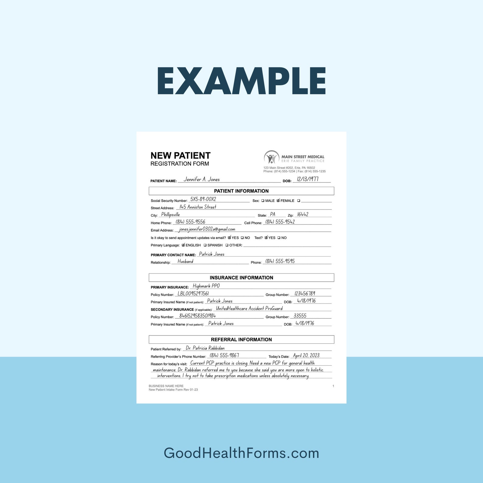 New Patient Registration Form Template for Health Care Office Printable ...