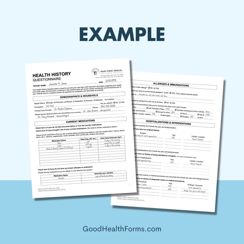 Patient Health History Template for Health Care Office Printable ...
