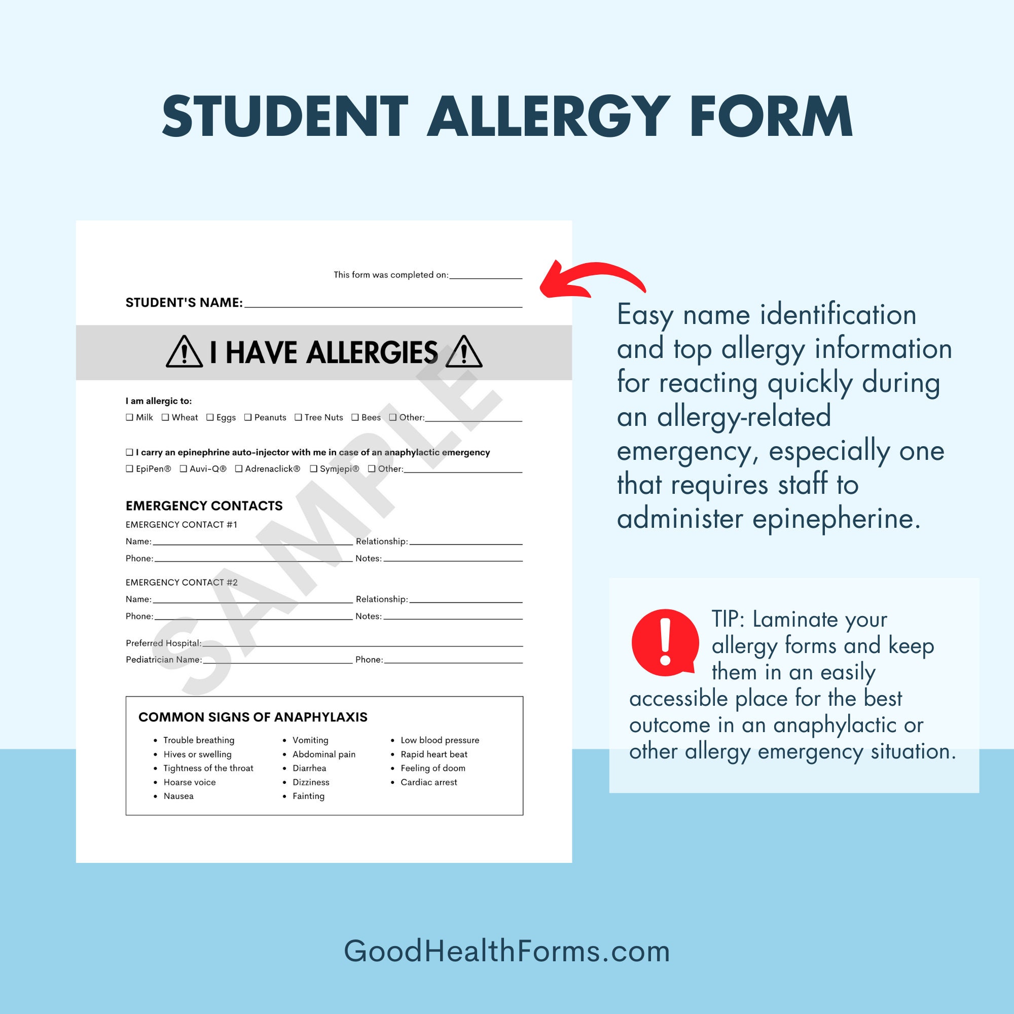 Student Allergy Form Printable PDF for Schools, Daycares, Childcare ...