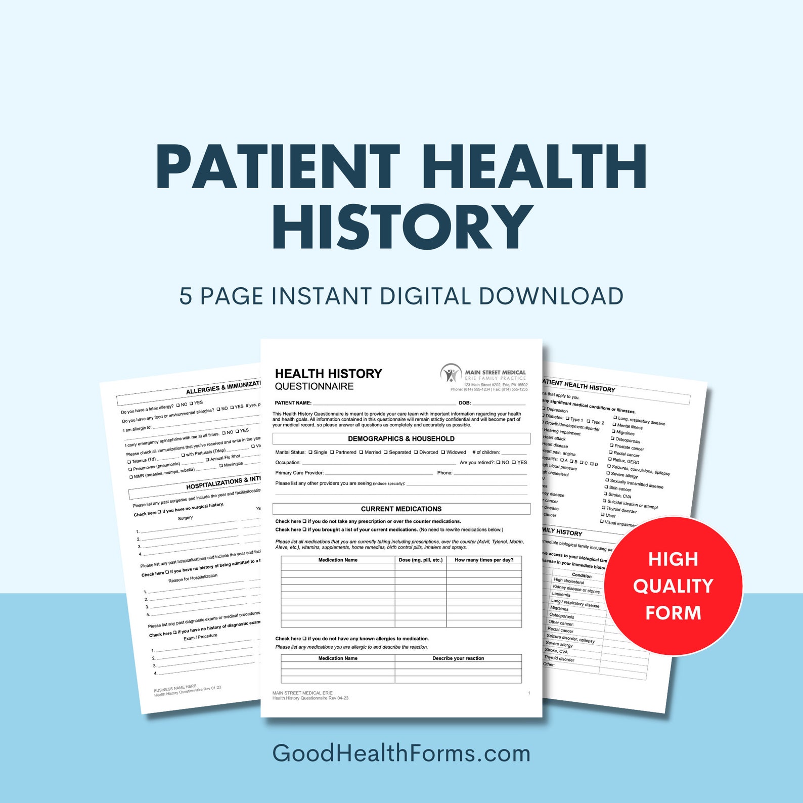 Patient Health History Template for Health Care Office Printable ...