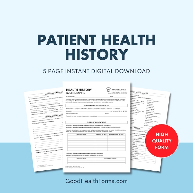 Patient Health History Template for Health Care Office Printable ...