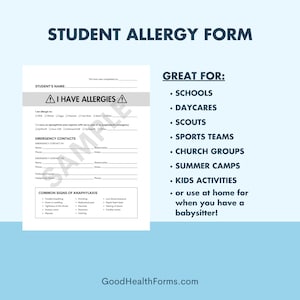 Student Allergy Form Printable PDF for Schools, Daycares, Childcare ...