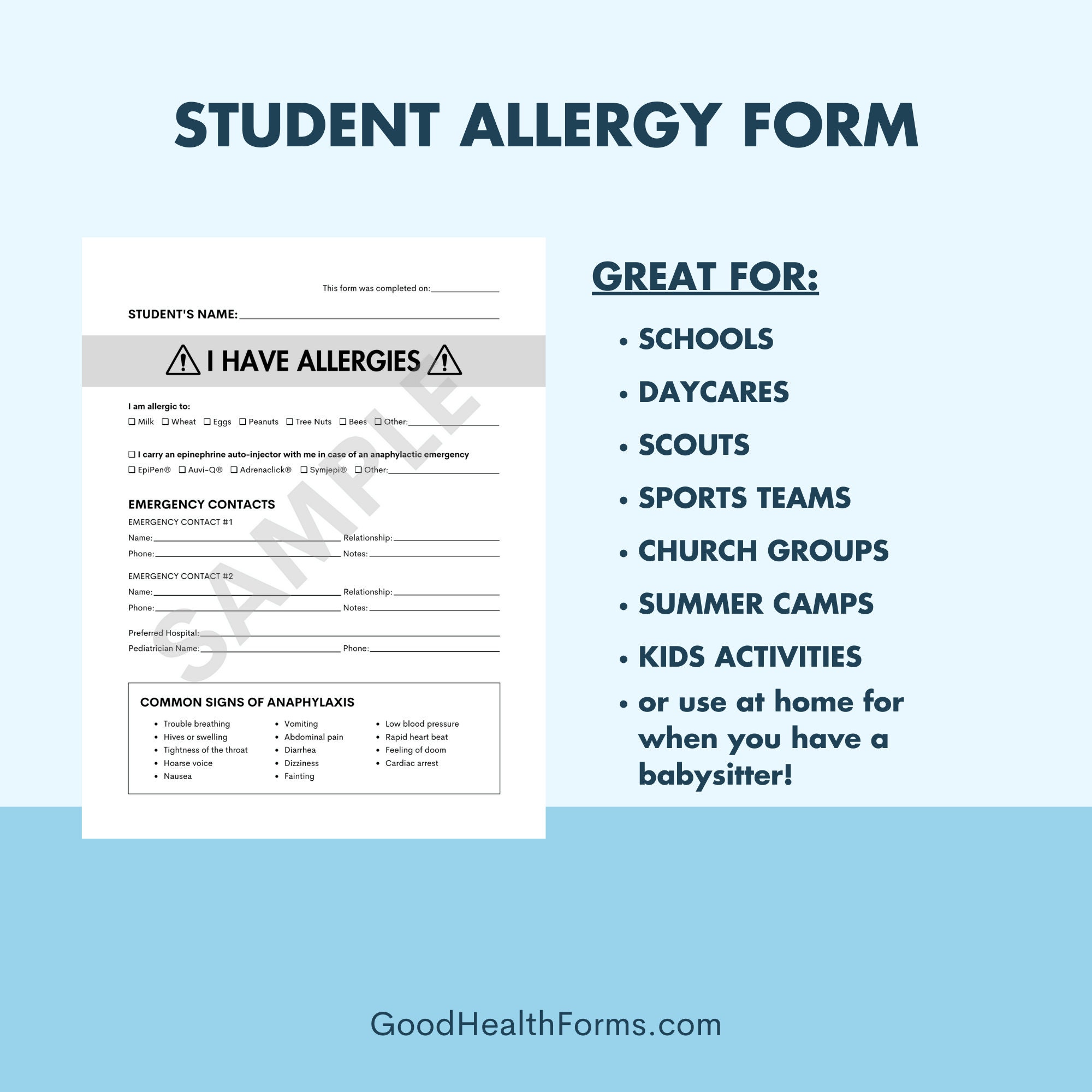 Student Allergy Form Printable PDF for Schools, Daycares, Childcare ...