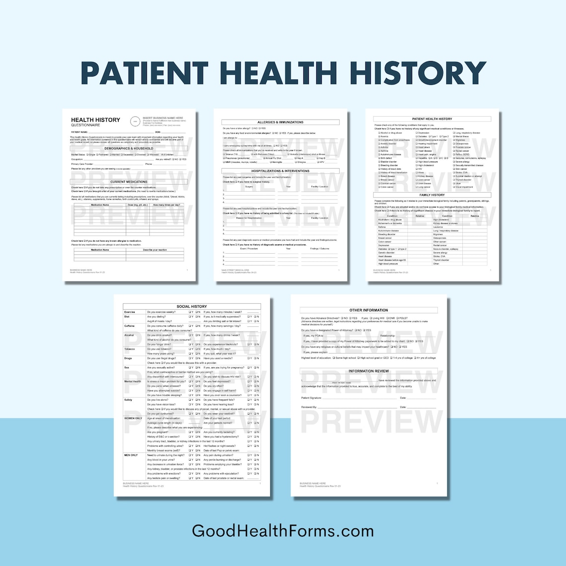 Patient Health History Template for Health Care Office Printable ...