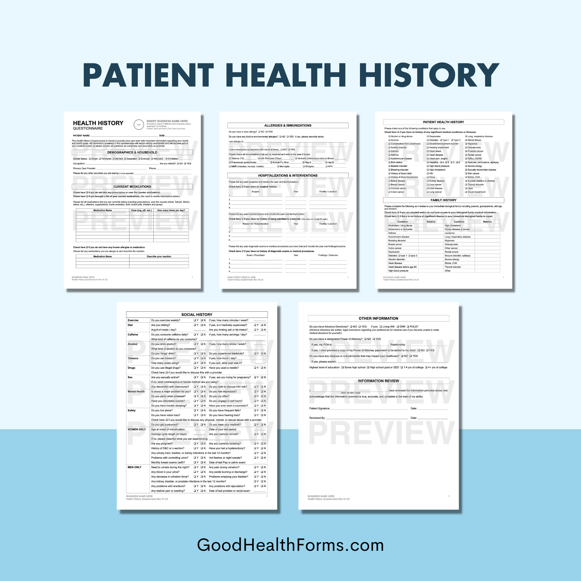 Patient Health History Template for Health Care Office Printable ...