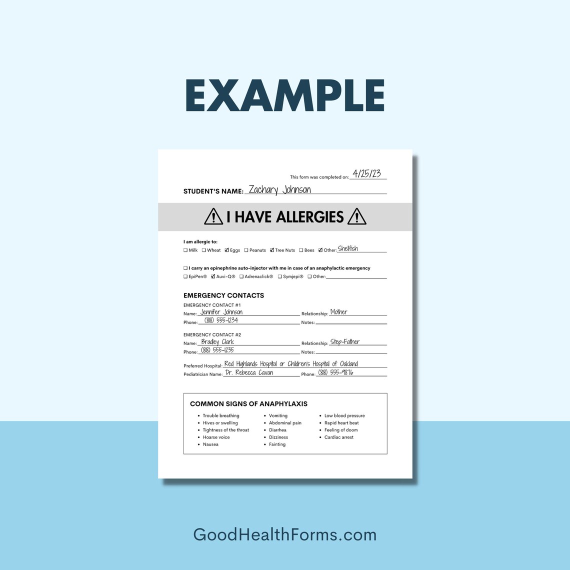 Student Allergy Form Printable PDF for Schools, Daycares, Childcare ...