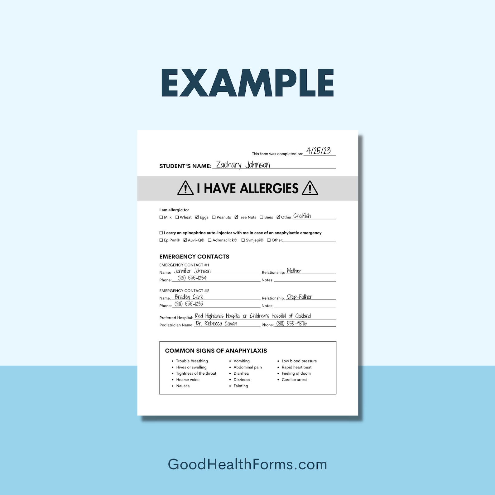 Student Allergy Form Printable, Childcare Emergency Plan (PDF) - Etsy