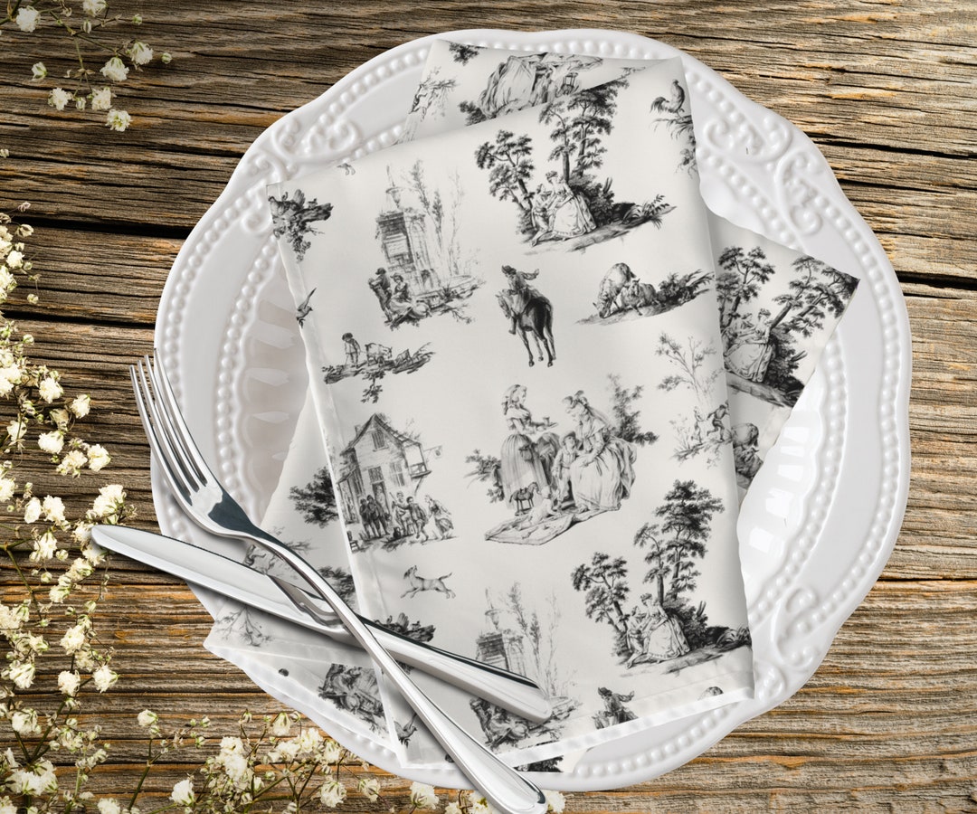 Black and Antique White French Country Toile Set of 4 Dinner Napkins ...