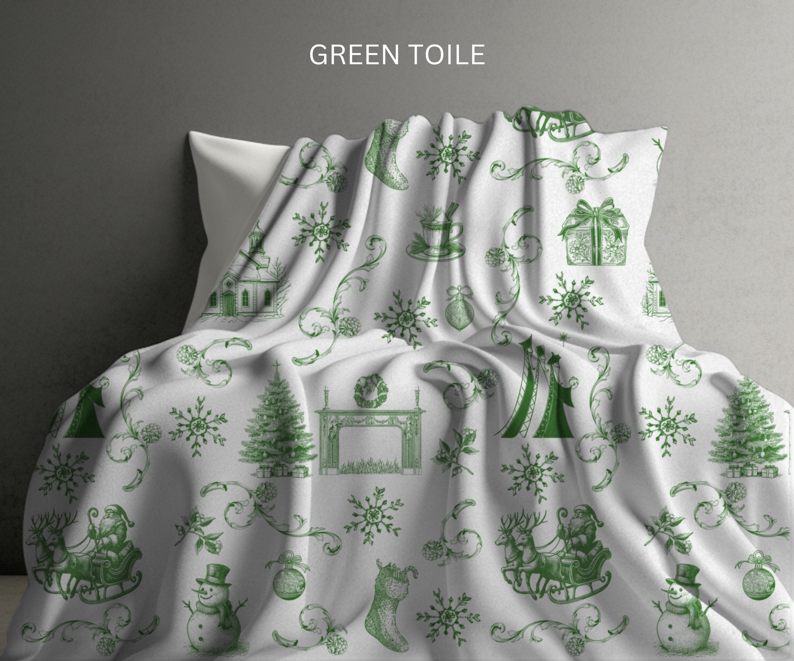 Vintage Christmas Toile Throw Blanket | Holiday Home Decor | Blue Green ...