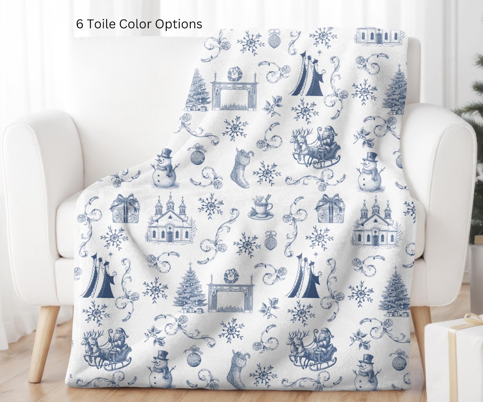 Vintage Christmas Toile Throw Blanket | Holiday Home Decor | Blue Green ...