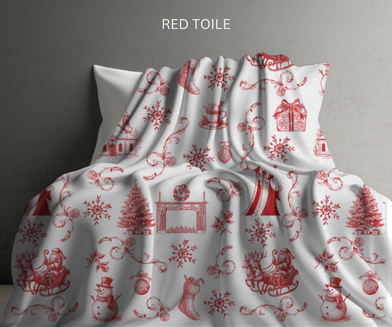 Vintage Christmas Toile Throw Blanket | Holiday Home Decor | Blue Green ...