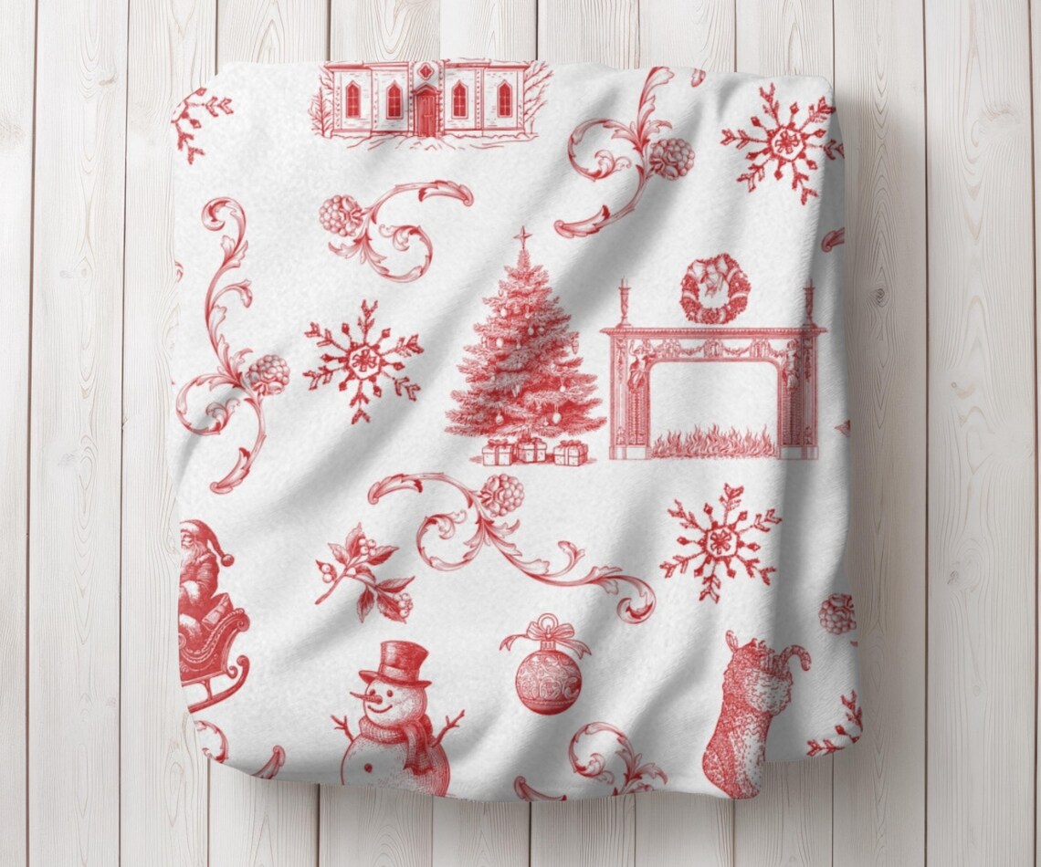 Vintage Christmas Toile Throw Blanket | Holiday Home Decor | Blue Green ...