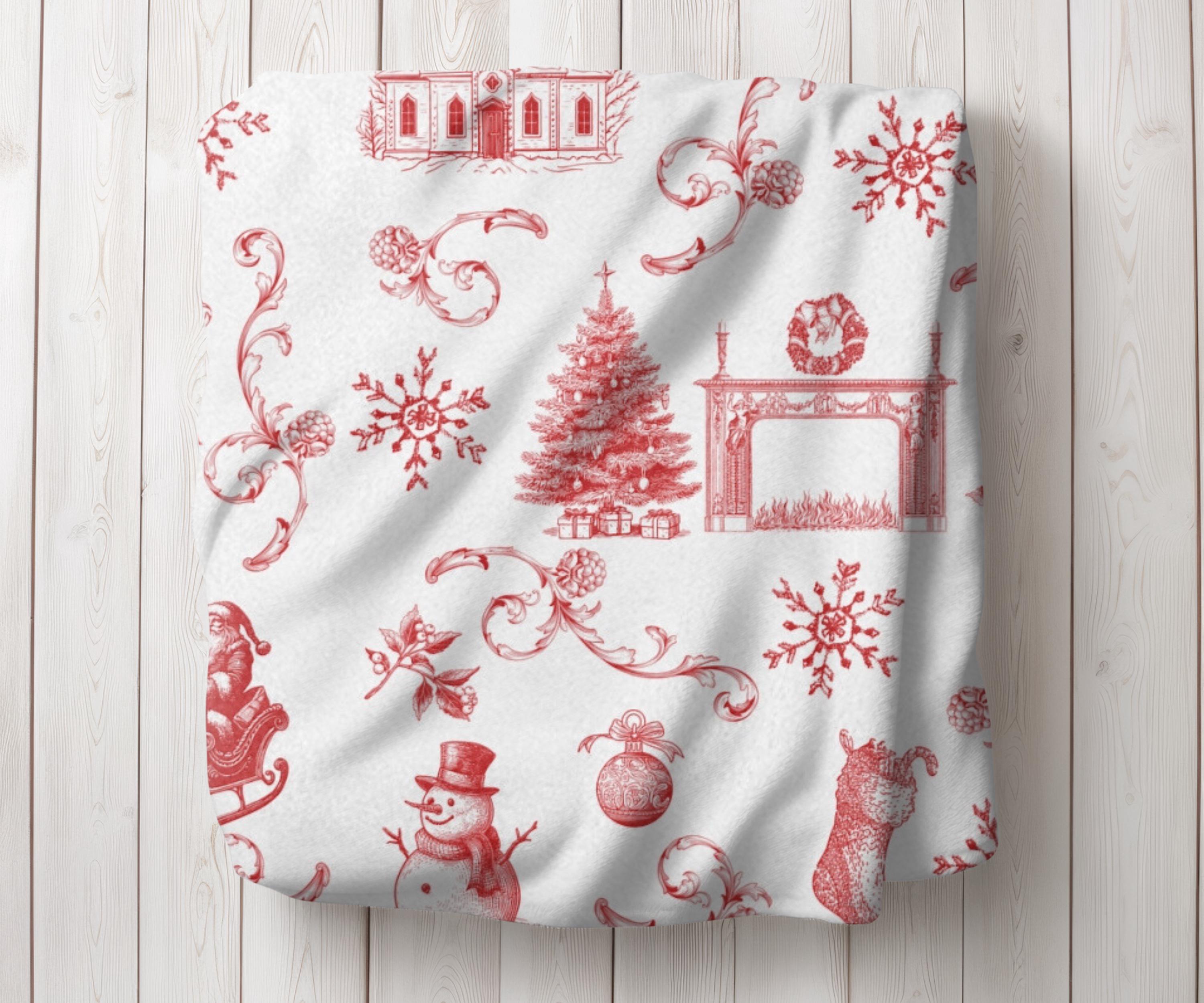 Vintage Christmas Toile Throw Blanket | Holiday Home Decor | Blue Green ...