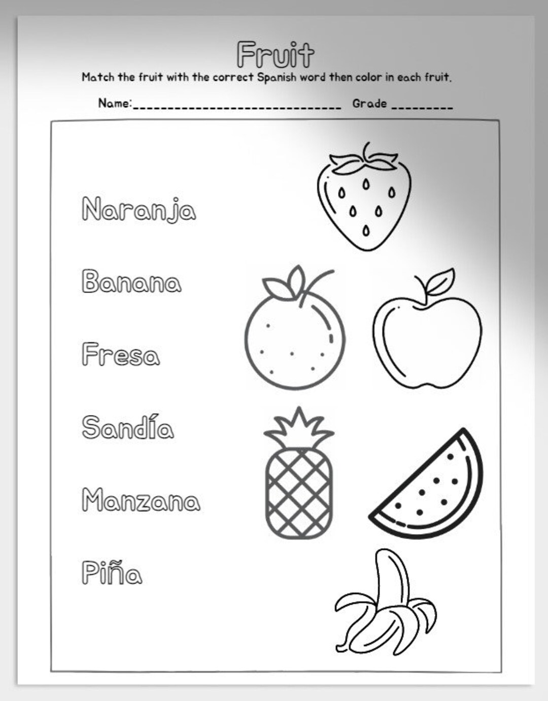 Spanish Fruit Worksheet for Kids Digital Download - Etsy