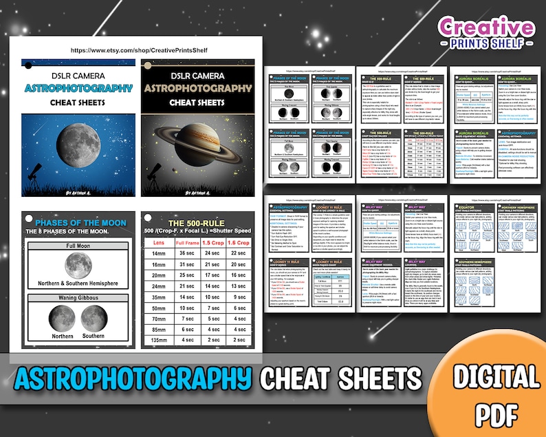 Photography Cheat Sheet Cards Astrophotography | Printable DIY ...