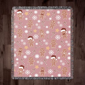 Pink Gingerbread Woven Blanket Christmas Holiday Cotton Throw Living ...