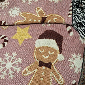 Pink Gingerbread Woven Blanket Christmas Holiday Cotton Throw Living ...