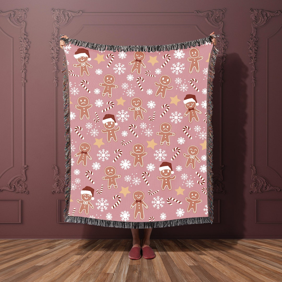 Pink Gingerbread Woven Blanket Christmas Holiday Cotton Throw Living ...