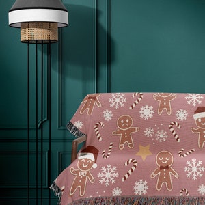 Pink Gingerbread Woven Blanket Christmas Holiday Cotton Throw Living ...