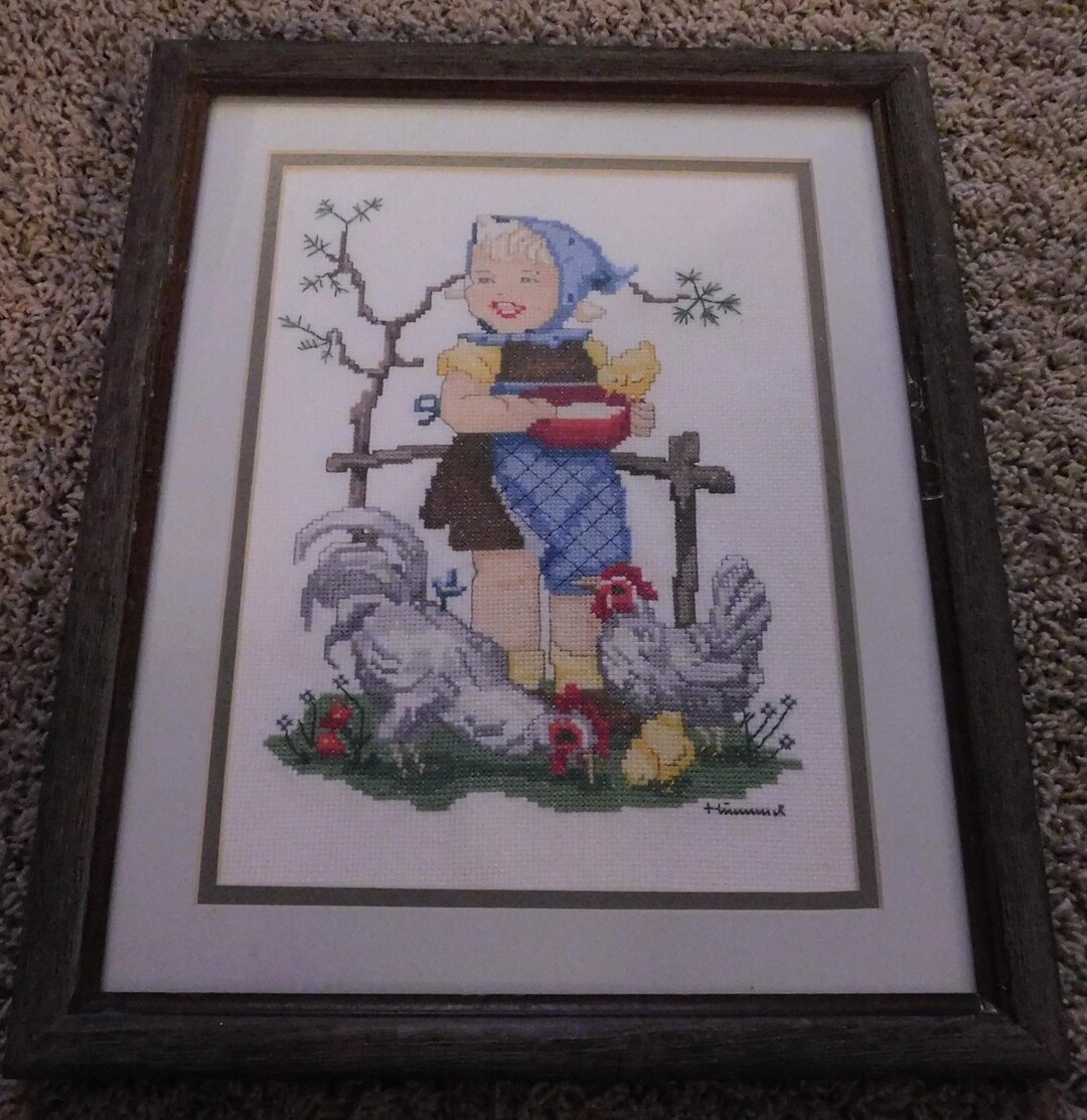 25-20E Vintage Handmade Cross Stitch Picture Wall Hanging Girl Feeding ...