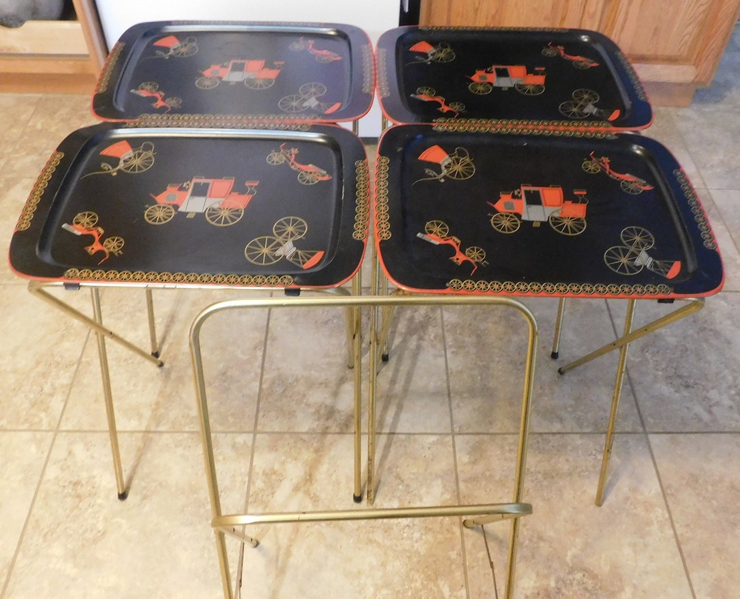 24-418 Cal Dak Vintage Metal TV Trays FOLDING W/stand Wagon Carriages 4 ...