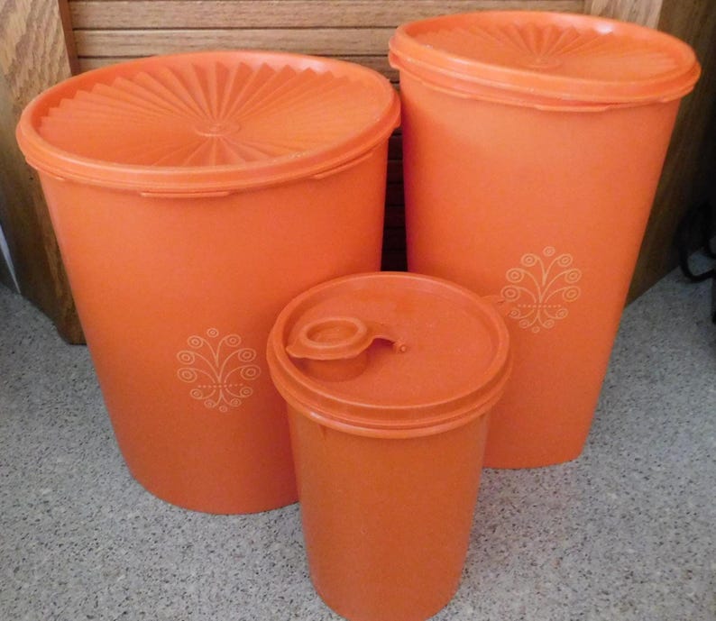25-693 Vintage Orange Tupperware Canisters With Fanned Lids & Pitcher ...