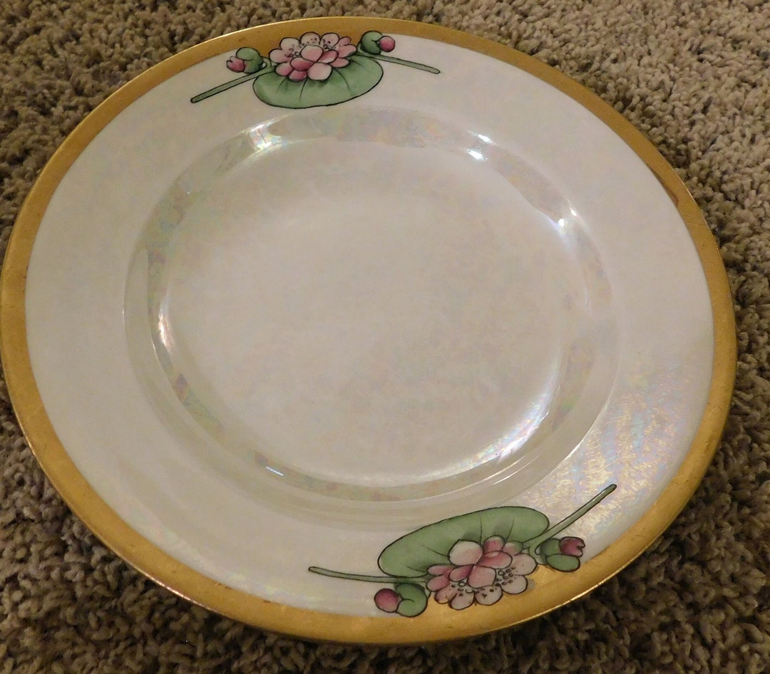 23-1351 9" Vintage GOA Limoges Iridescent Pink Green Accented Soup Bowl ...