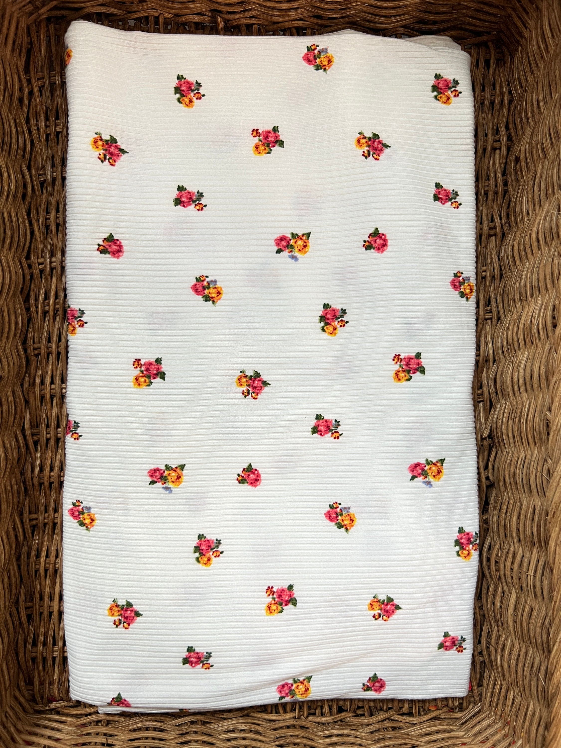 White Floral Rib Knit Fabric, 4x2 Rib Fabric, Rib Knit Fabric, Soft ...