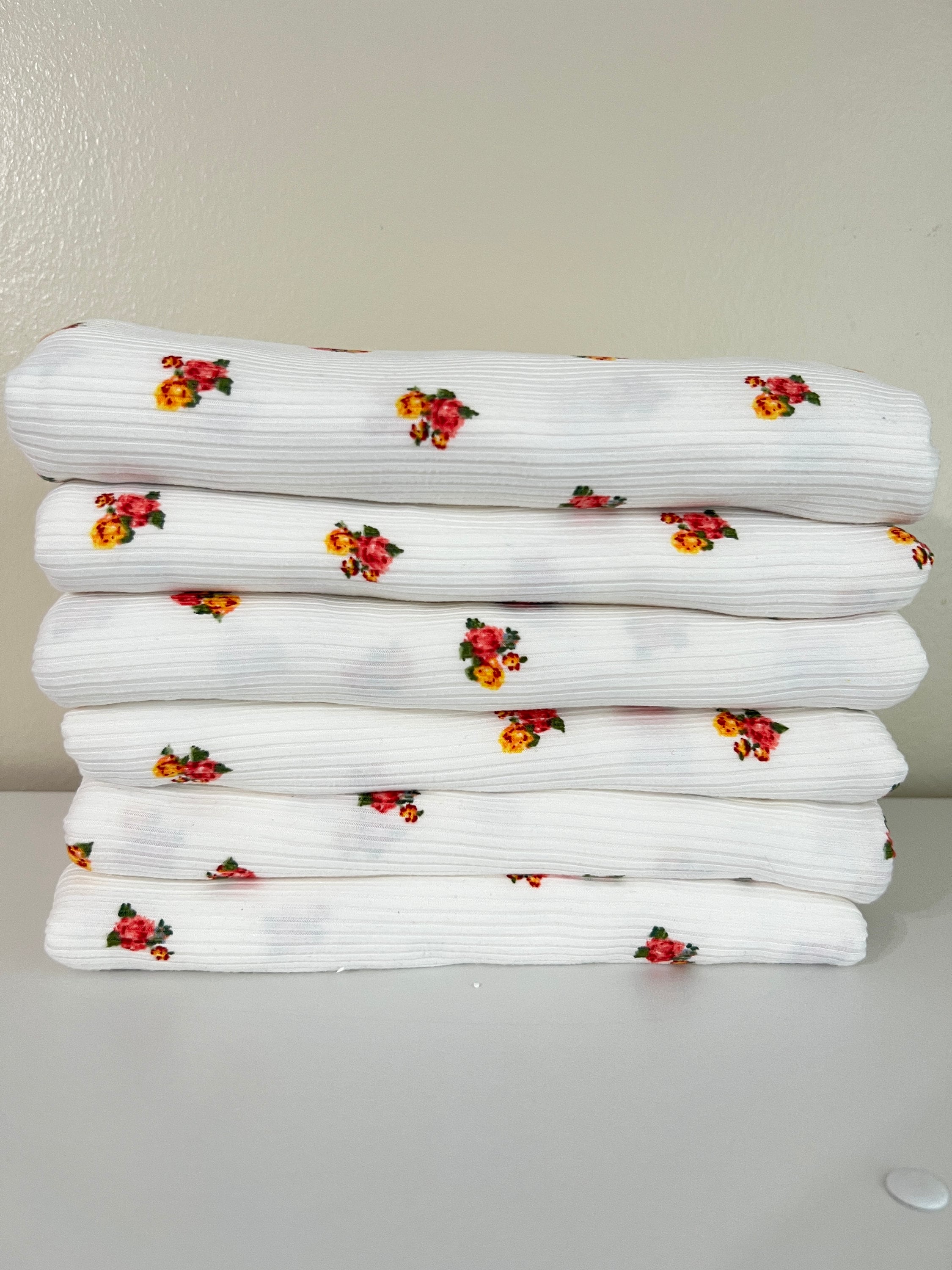 White Floral Rib Knit Fabric, 4x2 Rib Fabric, Rib Knit Fabric, Soft ...