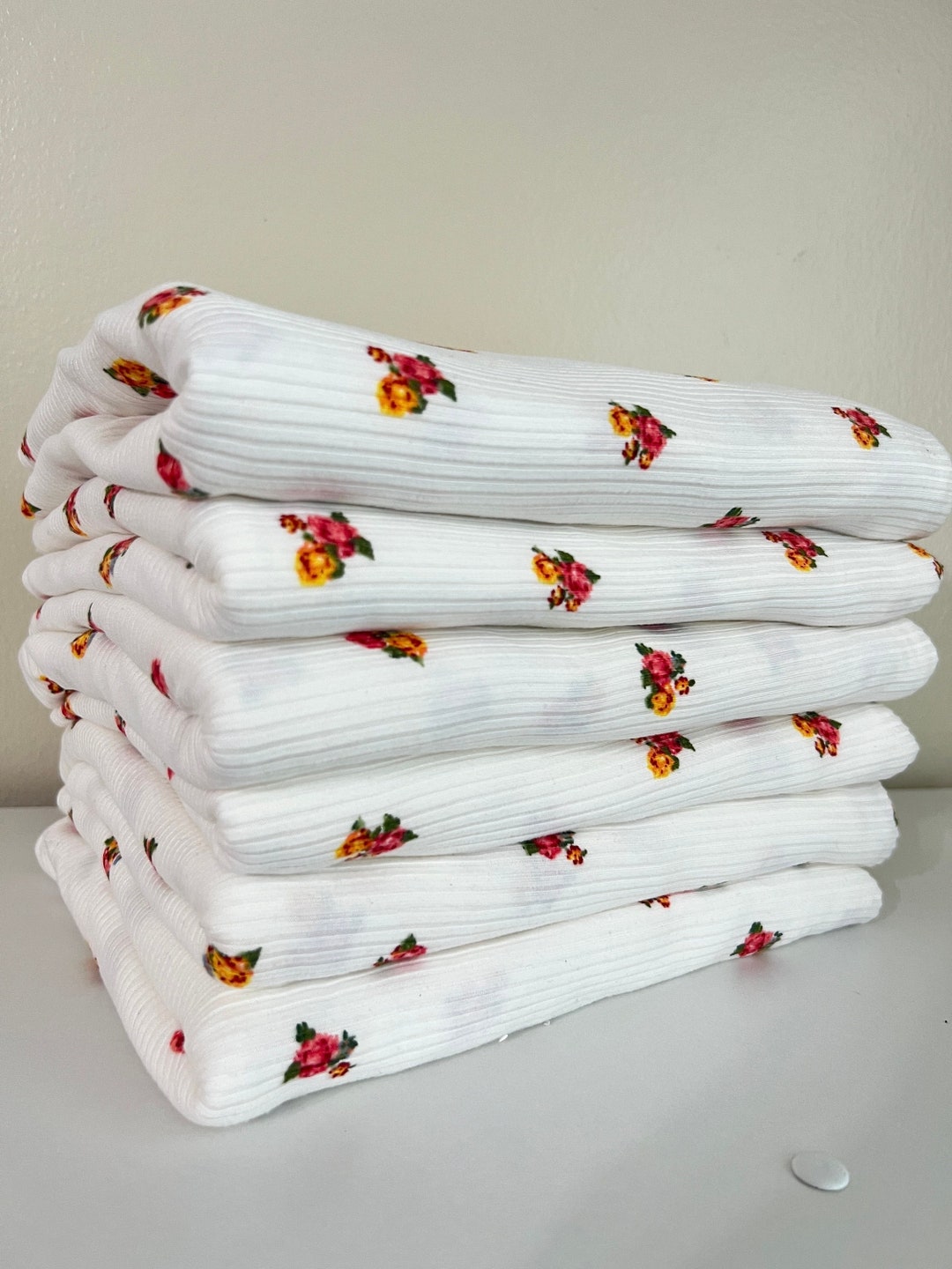 White Floral Rib Knit Fabric, 4x2 Rib Fabric, Rib Knit Fabric, Soft ...