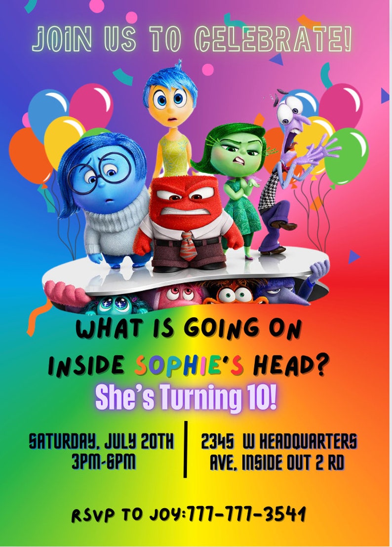 Inside Out 2 Birthday Invitations Joy, Anxiety, and All New Characters ...