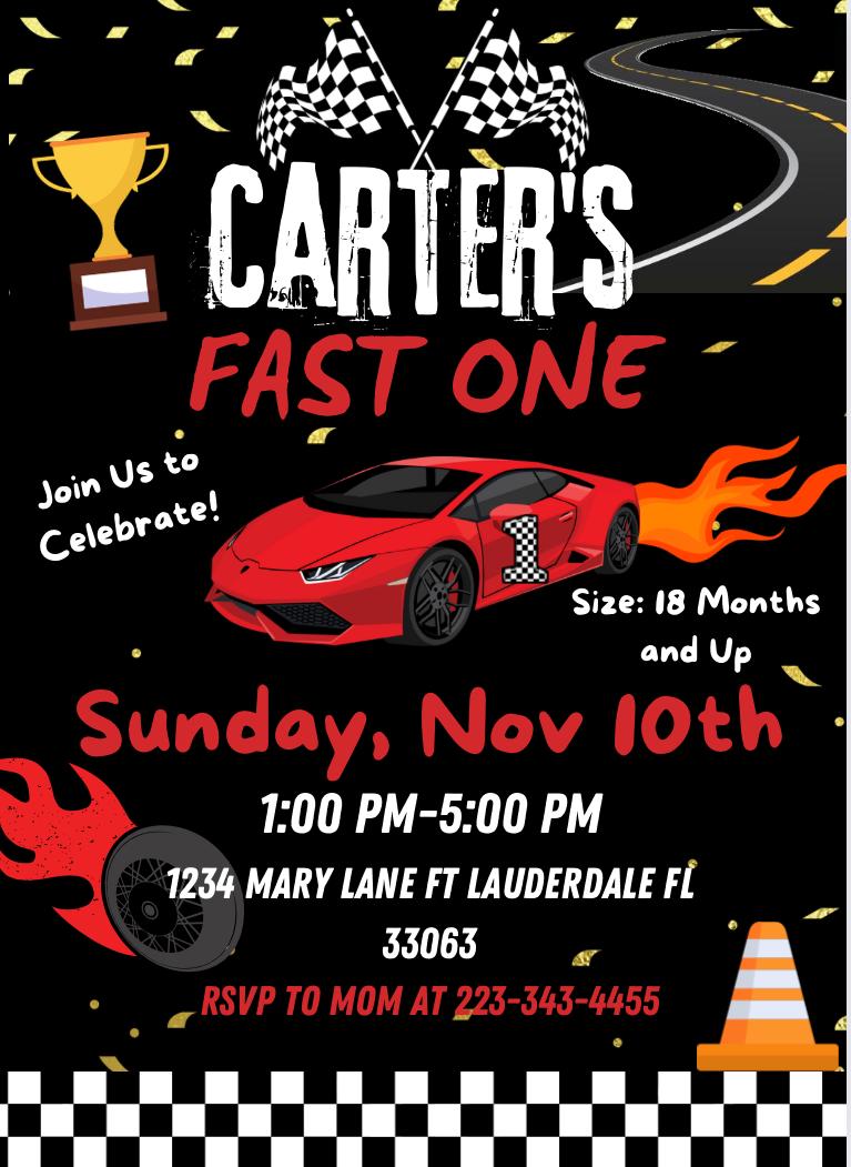 Fast One Birthday Theme, Race Car Party, Boy 1st Birthday Invitation ...