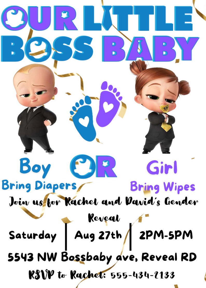 Boss Baby Gender Reveal Invitation Template Boy or Girl Blue and Purple ...