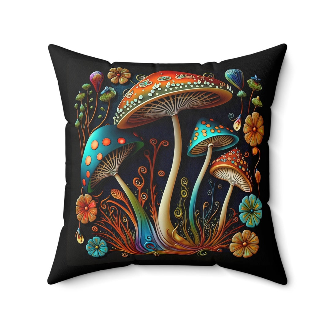 Retro Mushroom Art, Faux Suede Square Pillow, Living Room Decor ...