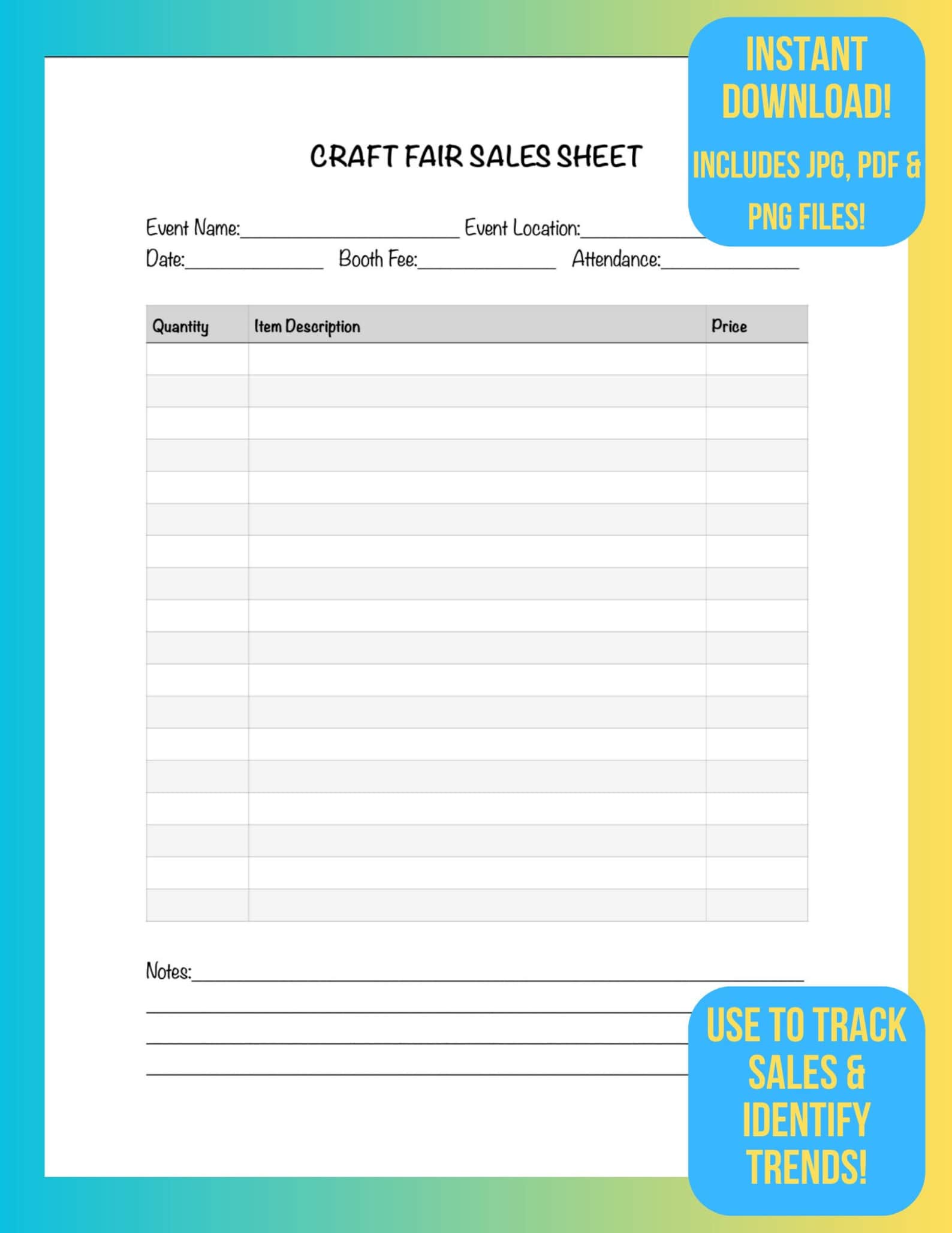 Craft Fair Sales Sheet for Artists, Crafters, Makers, and Vendors. - Etsy