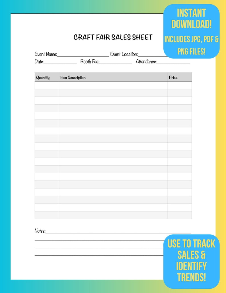 Craft Fair Sales Sheet for Artists, Crafters, Makers, and Vendors. - Etsy
