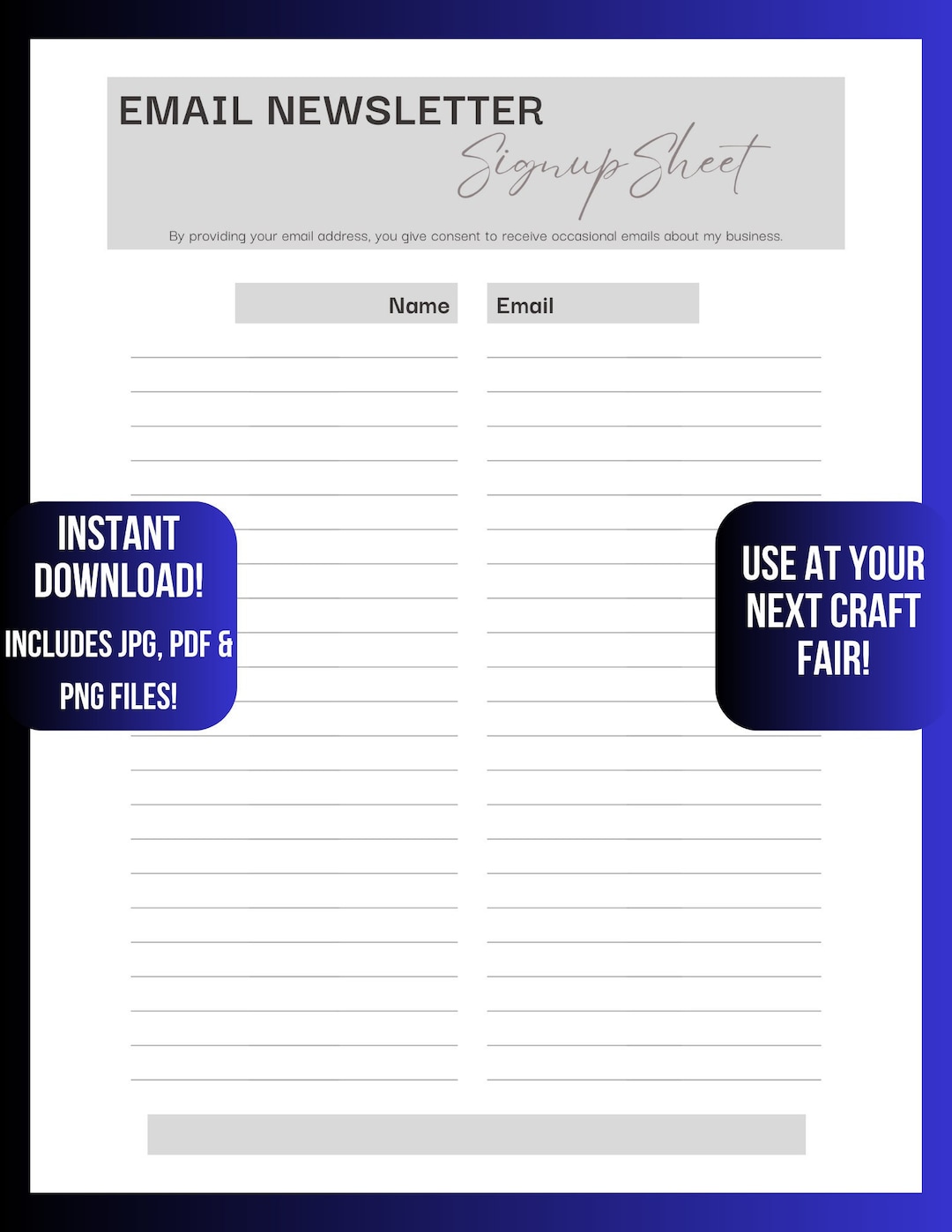 Email Newsletter Signup Sheet for Art Fairs, Craft Fair, Makers Markets ...