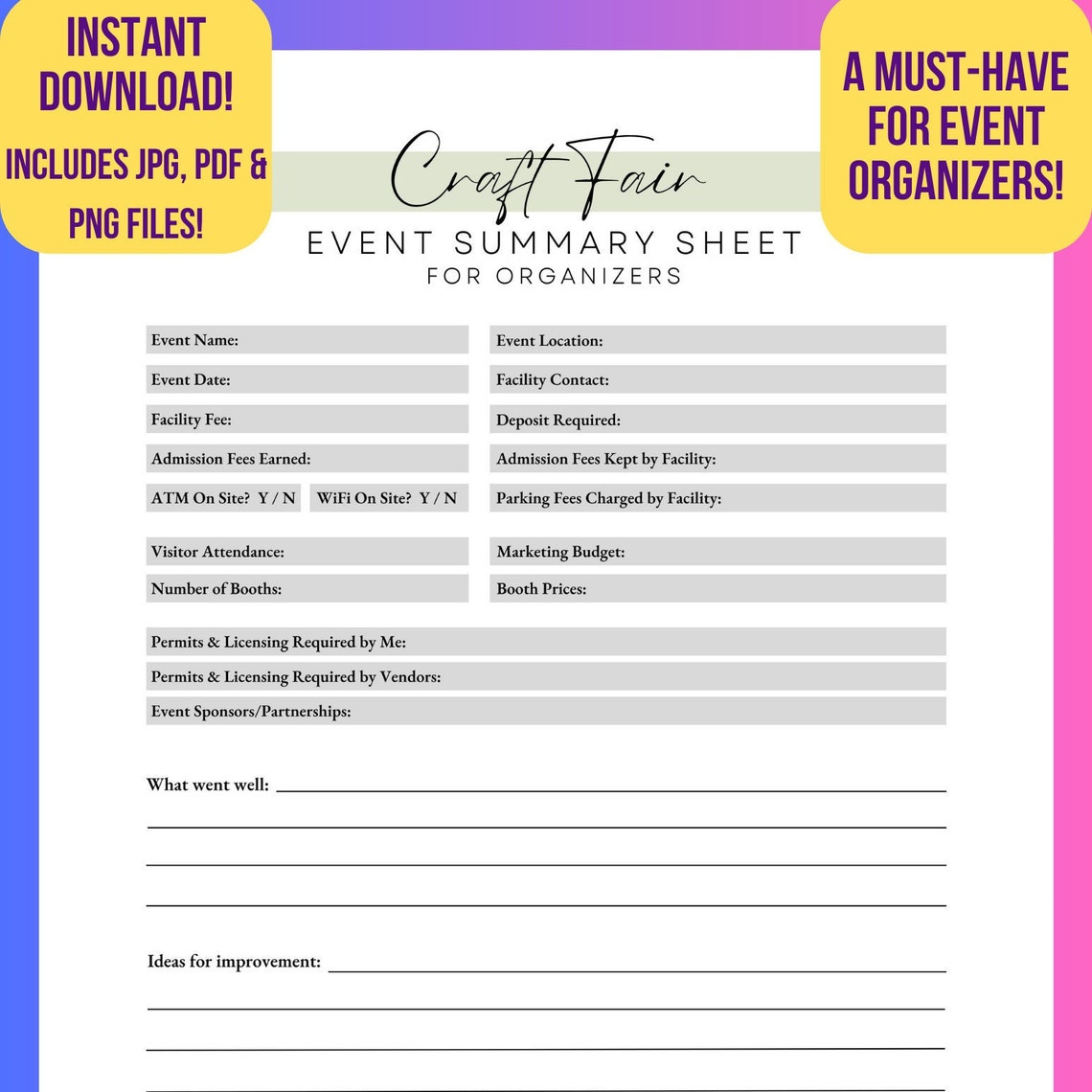 Craft Fair Event Summary Sheet for Organizers - Etsy