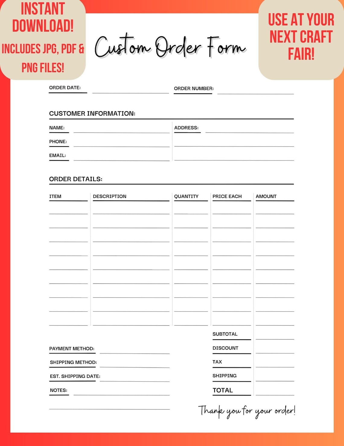 Custom Order Form - Sheet for Filling Out Custom Orders for Artists ...