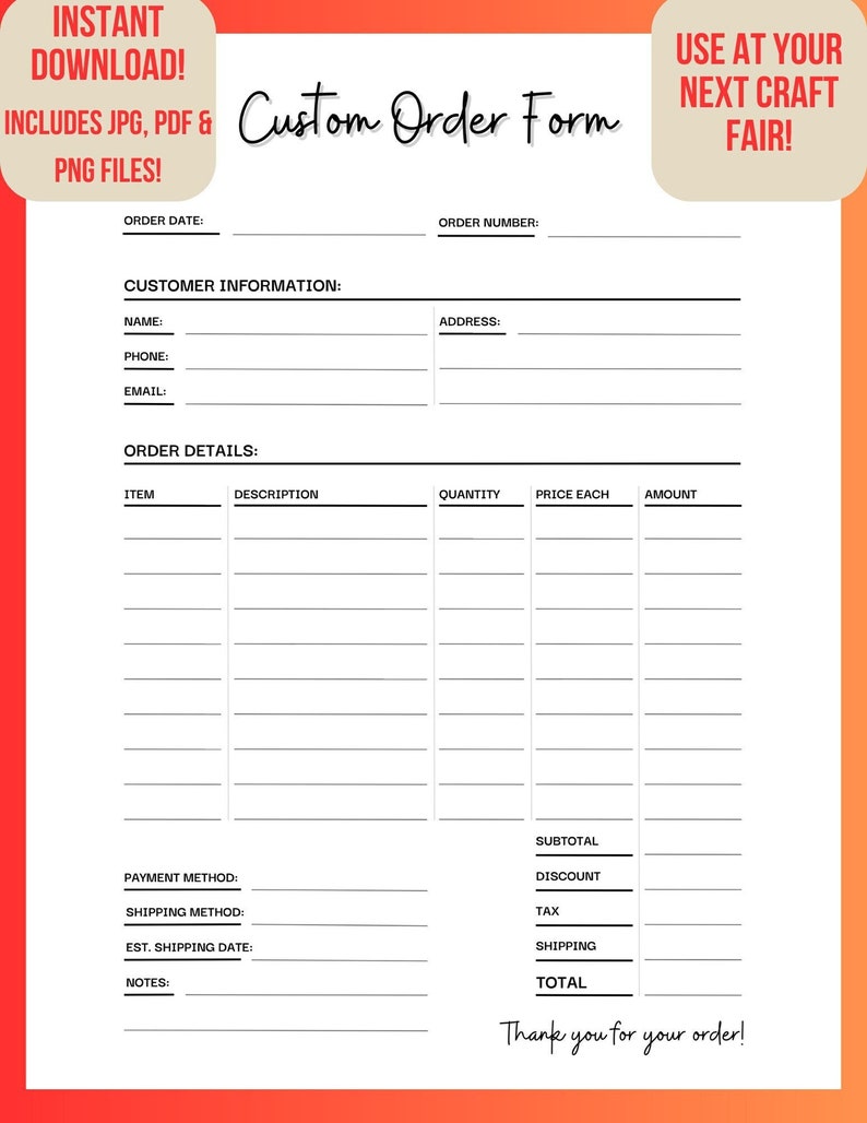 Custom Order Form - Sheet for Filling Out Custom Orders for Artists ...