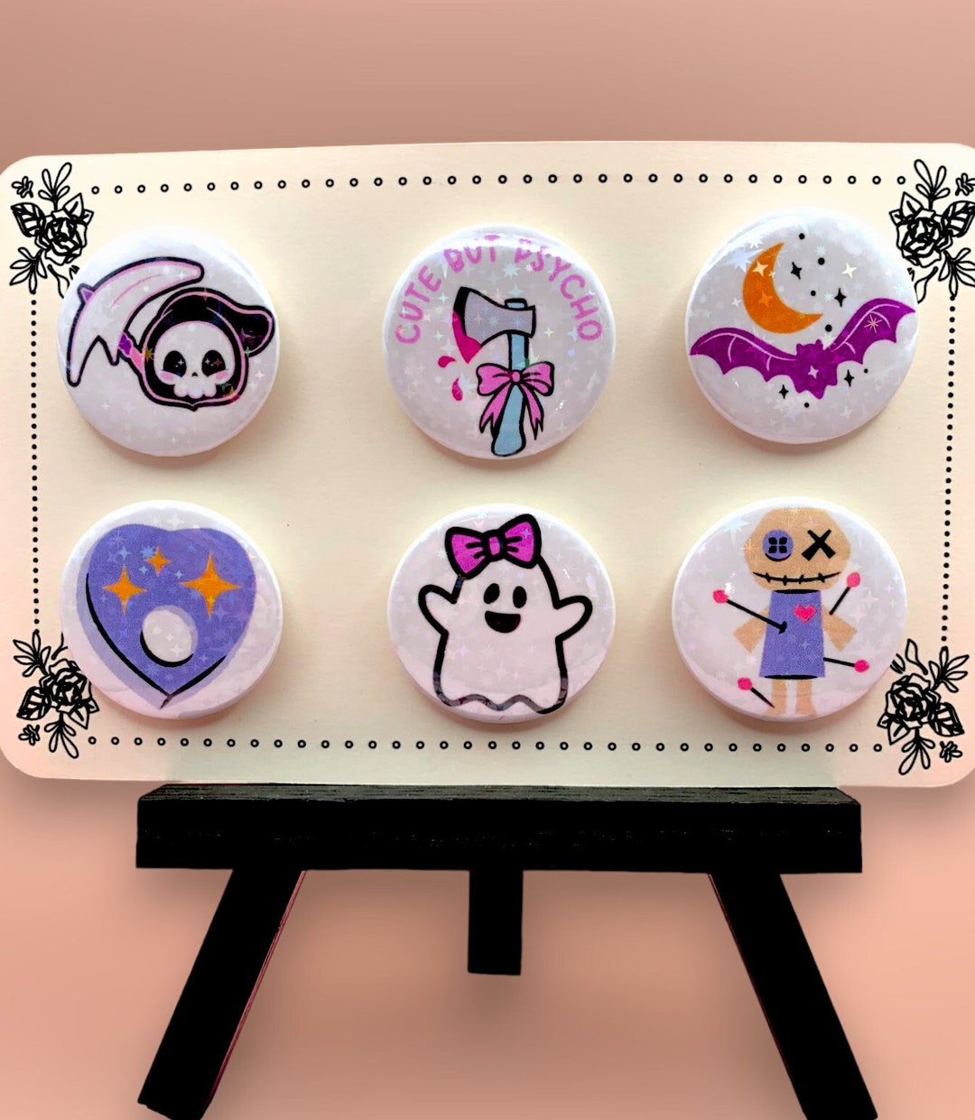 Sparkly Holographic Cute Goth 6 Buttons With Pinback Set 32mm (1.25in ...