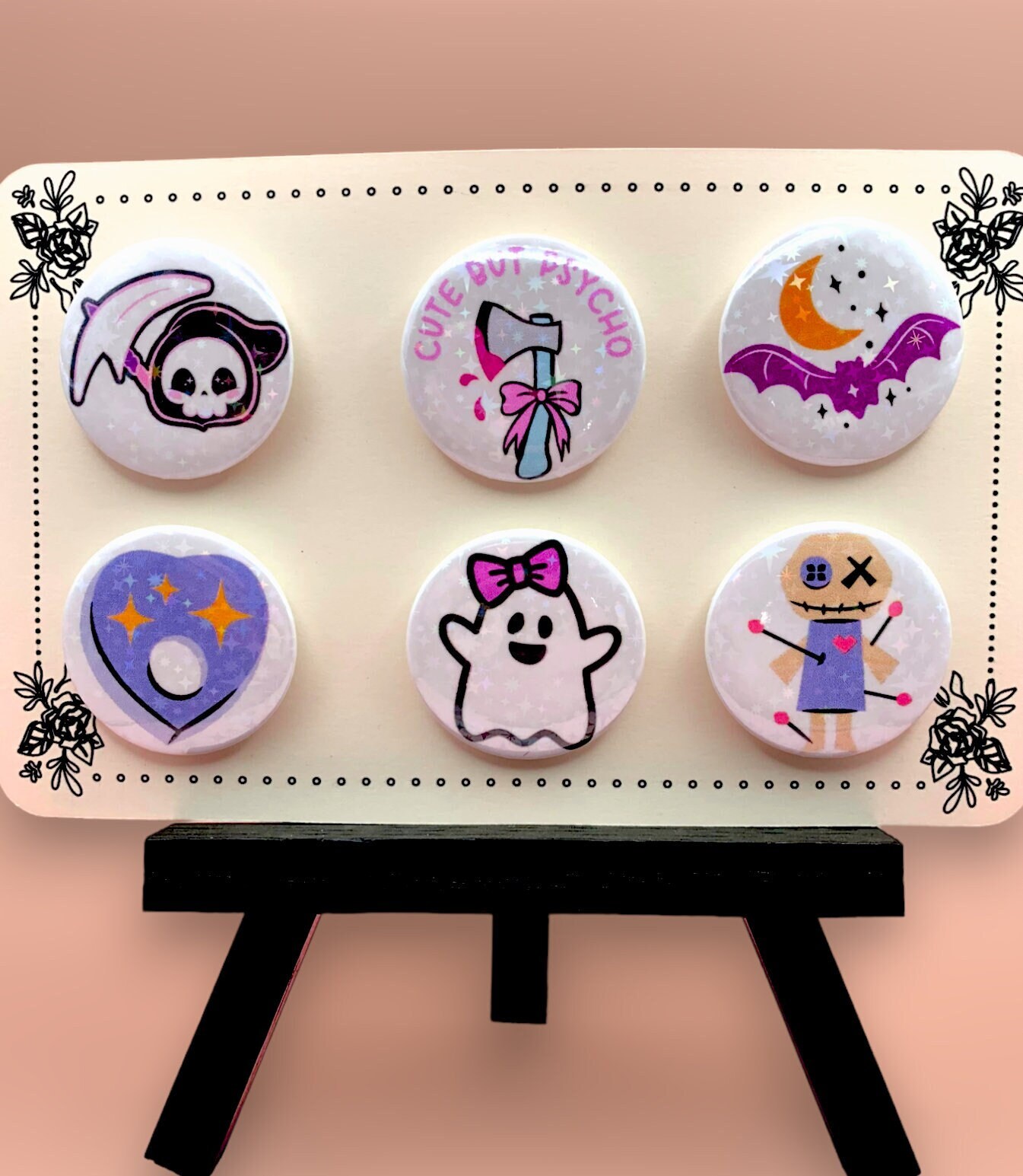Sparkly Holographic Cute Goth 6 Buttons With Pinback Set 32mm (1.25in ...