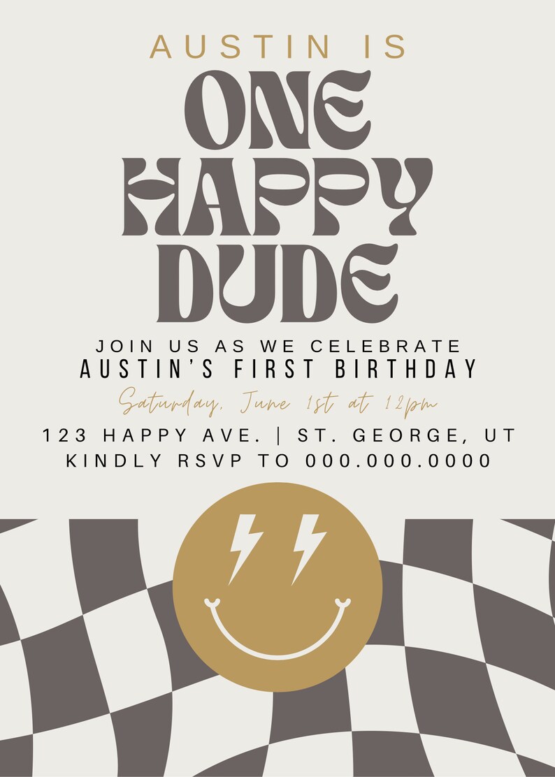 Checkered One Happy Dude Birthday Invitation (digital Download) - Etsy