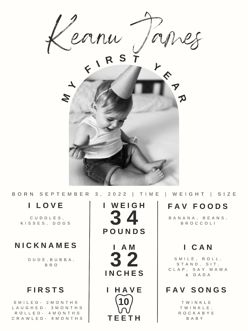 First Year Milestone Sign, First Birthday Facts Sign, Neutral Sign ...