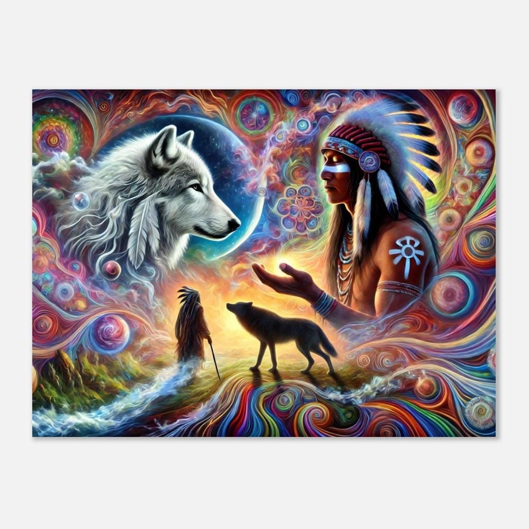 Poster Print Spiritual Connection With the Wolf Psychedelic Native ...