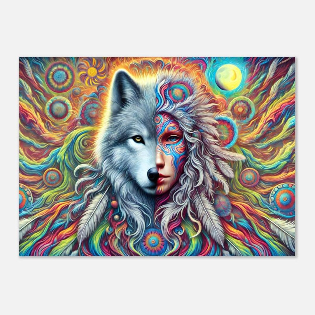 Poster Print - Half Wolf Half Shaman Art Print - Psychedelic Native ...