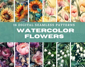 Wildflowers Digital Paper SEAMLESS Watercolor Wildflower Patterns 12 ...