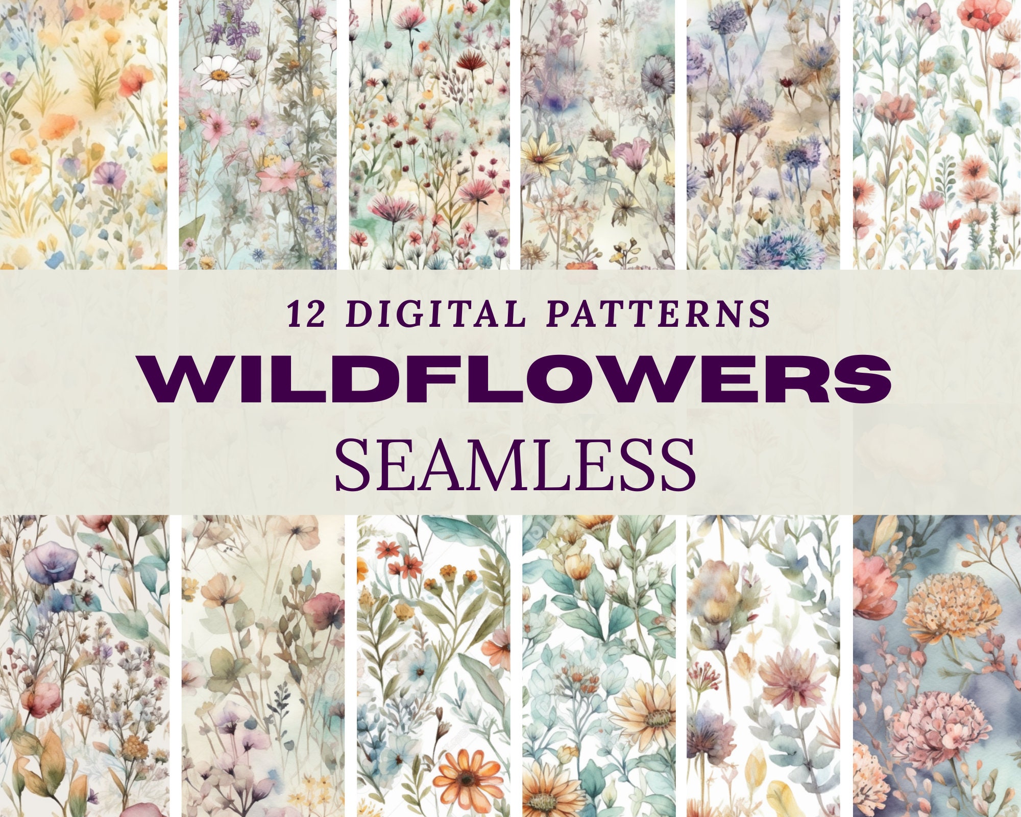 Wildflowers Digital Paper SEAMLESS Watercolor Wildflower Patterns 12 ...